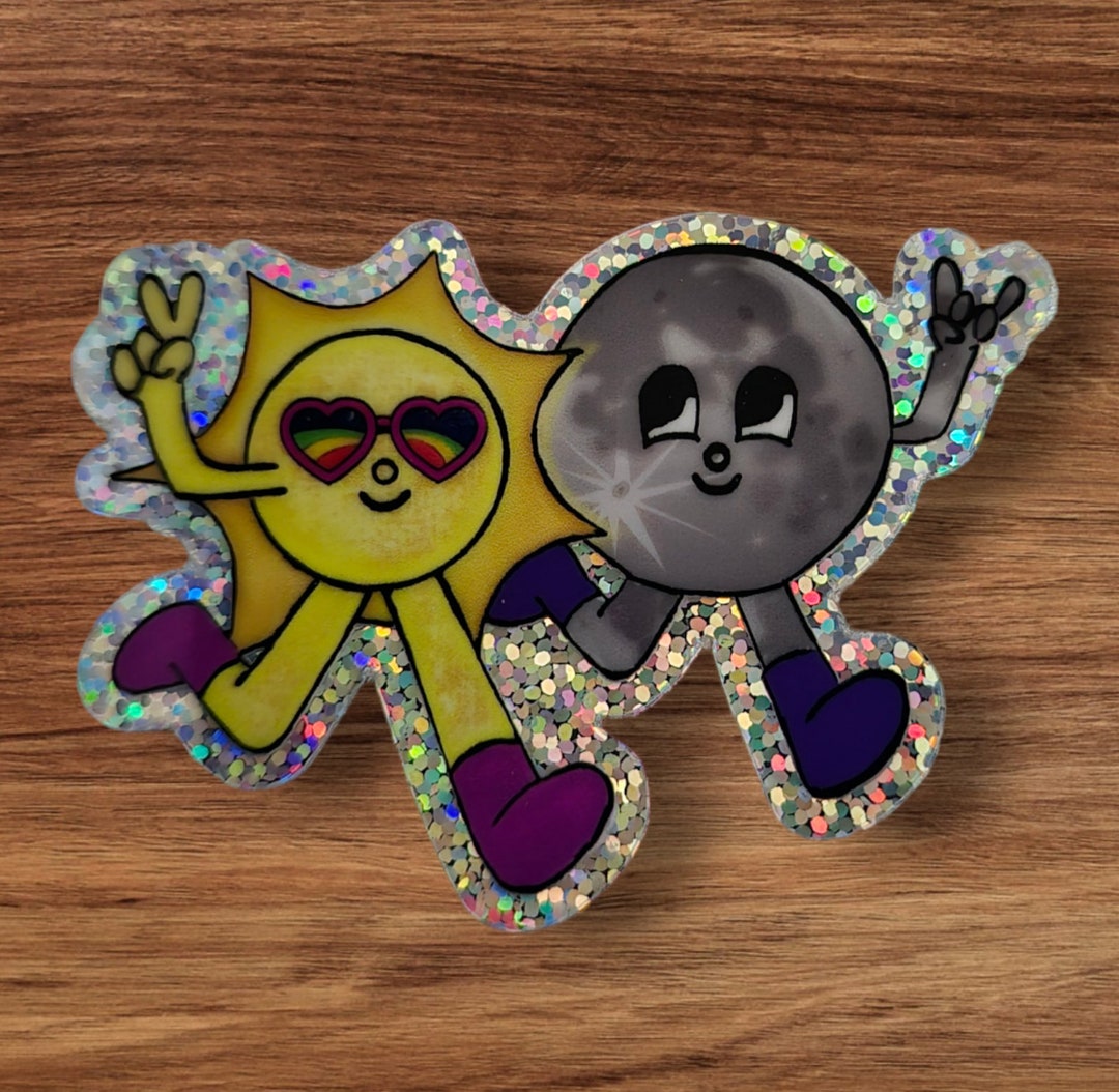 Sun Moon Rainbow and Peace Sticker. Thick Glitter Background Sticker ...