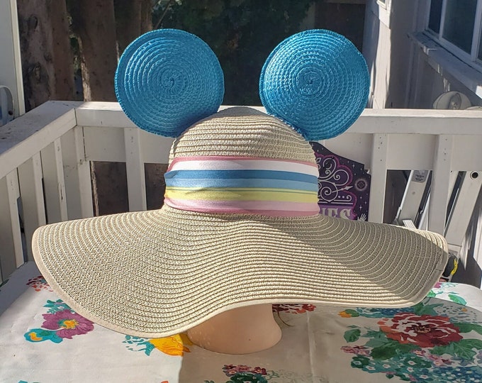 Large Brim off White Mickey Ear Sun Hat With Aqua Blue Large Mouse Ears ...