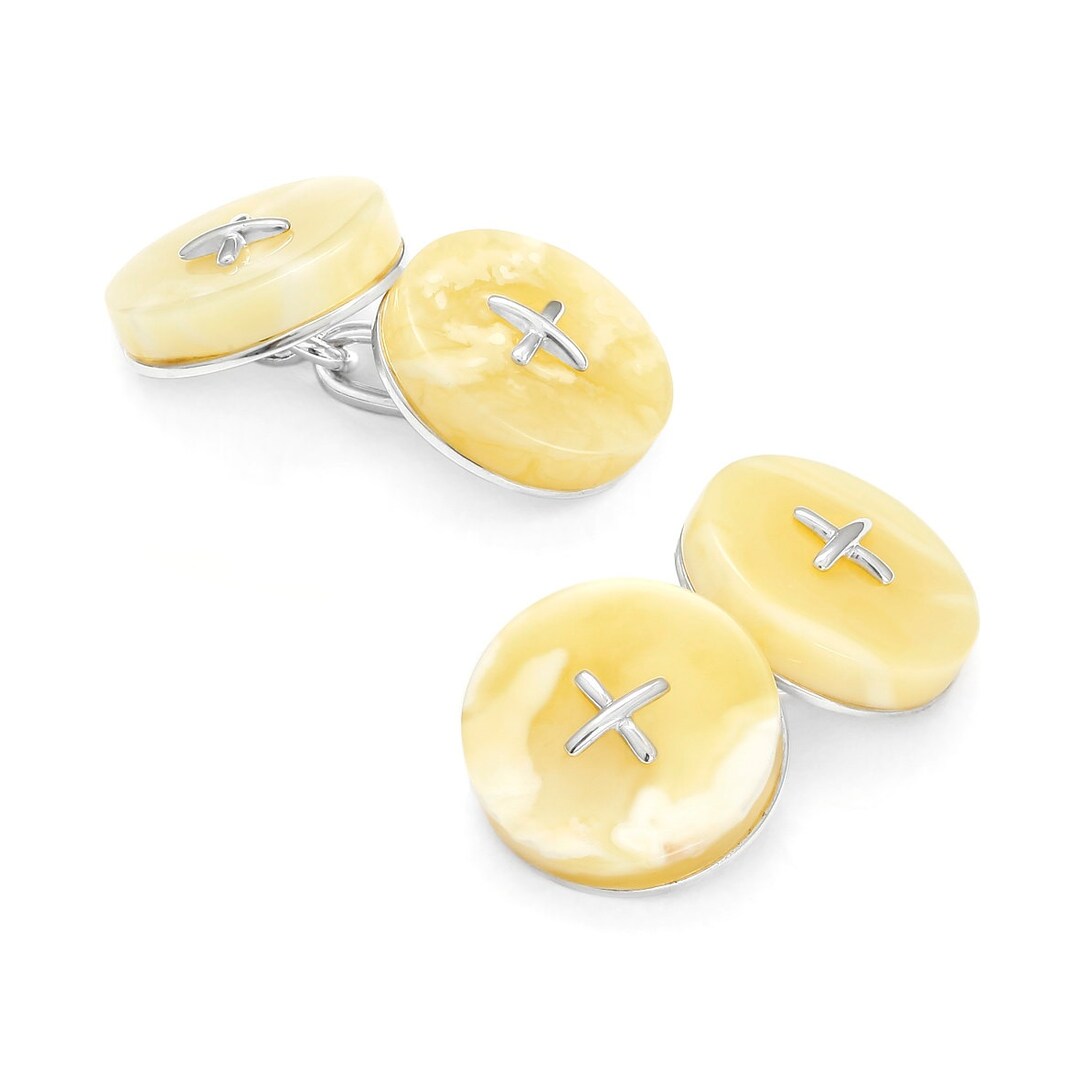 White Baltic Amber Sterling Silver Chain-linked Cufflinks, Double Sided ...