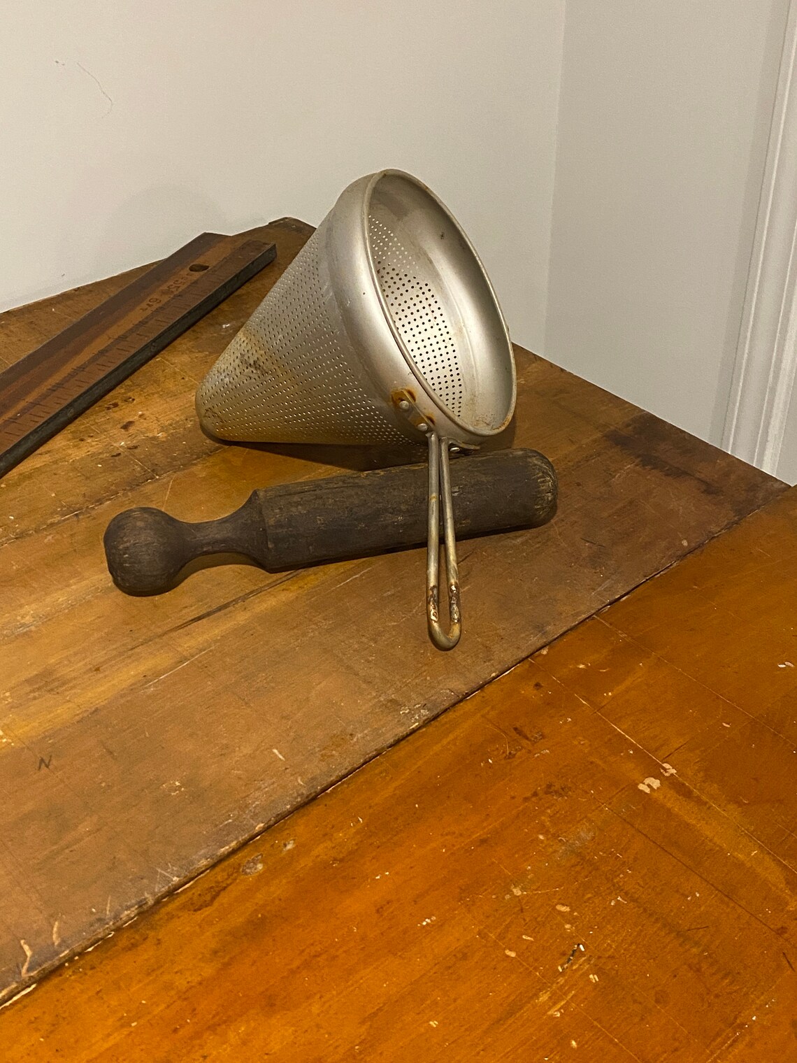 Vintage Aluminum Strainer With Wood Pestle Cone-shaped Vintage Farmware ...