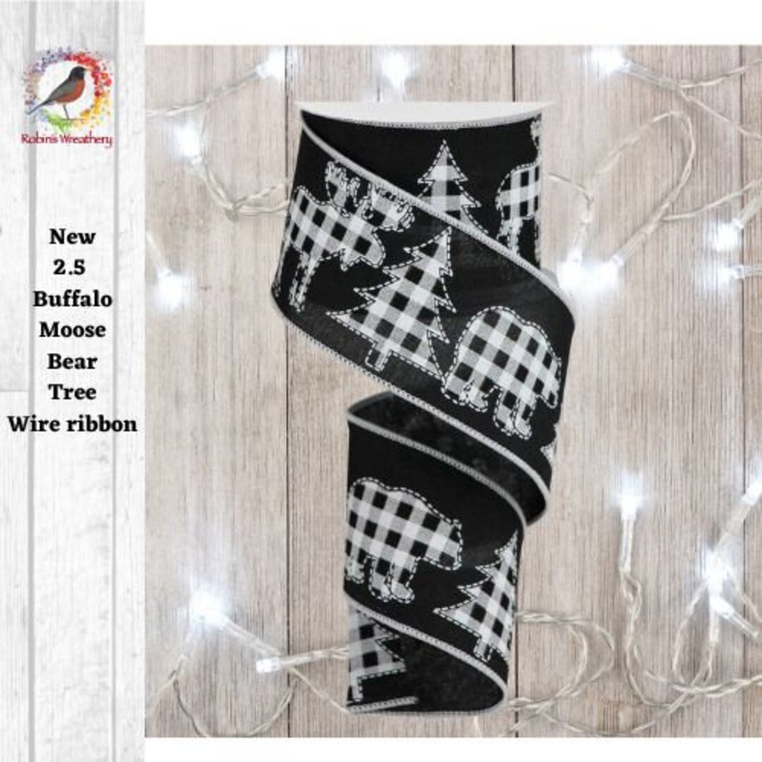 2.5" Wired Black Buffalo Plaid Ribbon With Black and White Check Moose ...