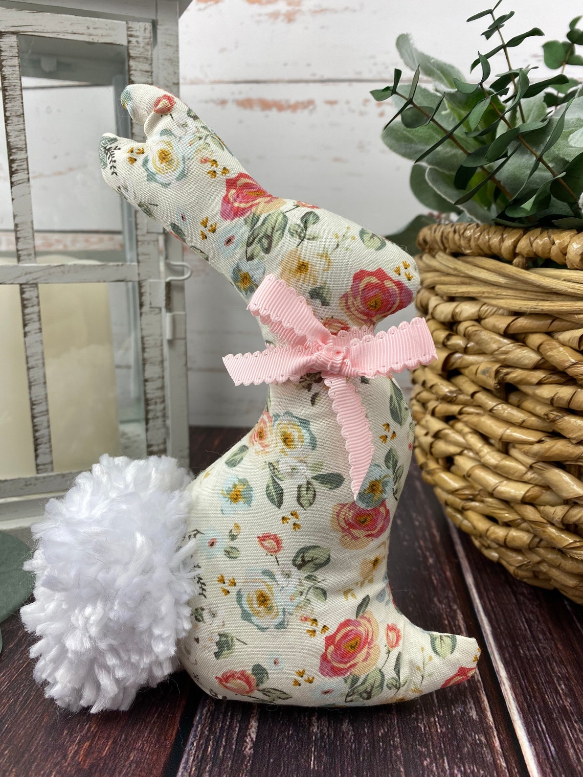 White Pink Blue Floral Bunny / Fabric Stuffed Easter Rabbit / | Etsy