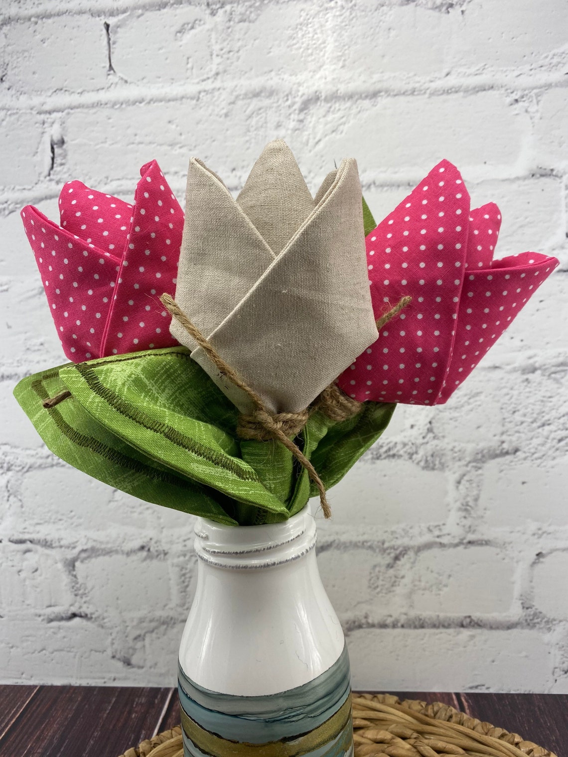 Farmhouse Fabric Tulips / Pink Polka Dot and Linen / Set of 3 | Etsy