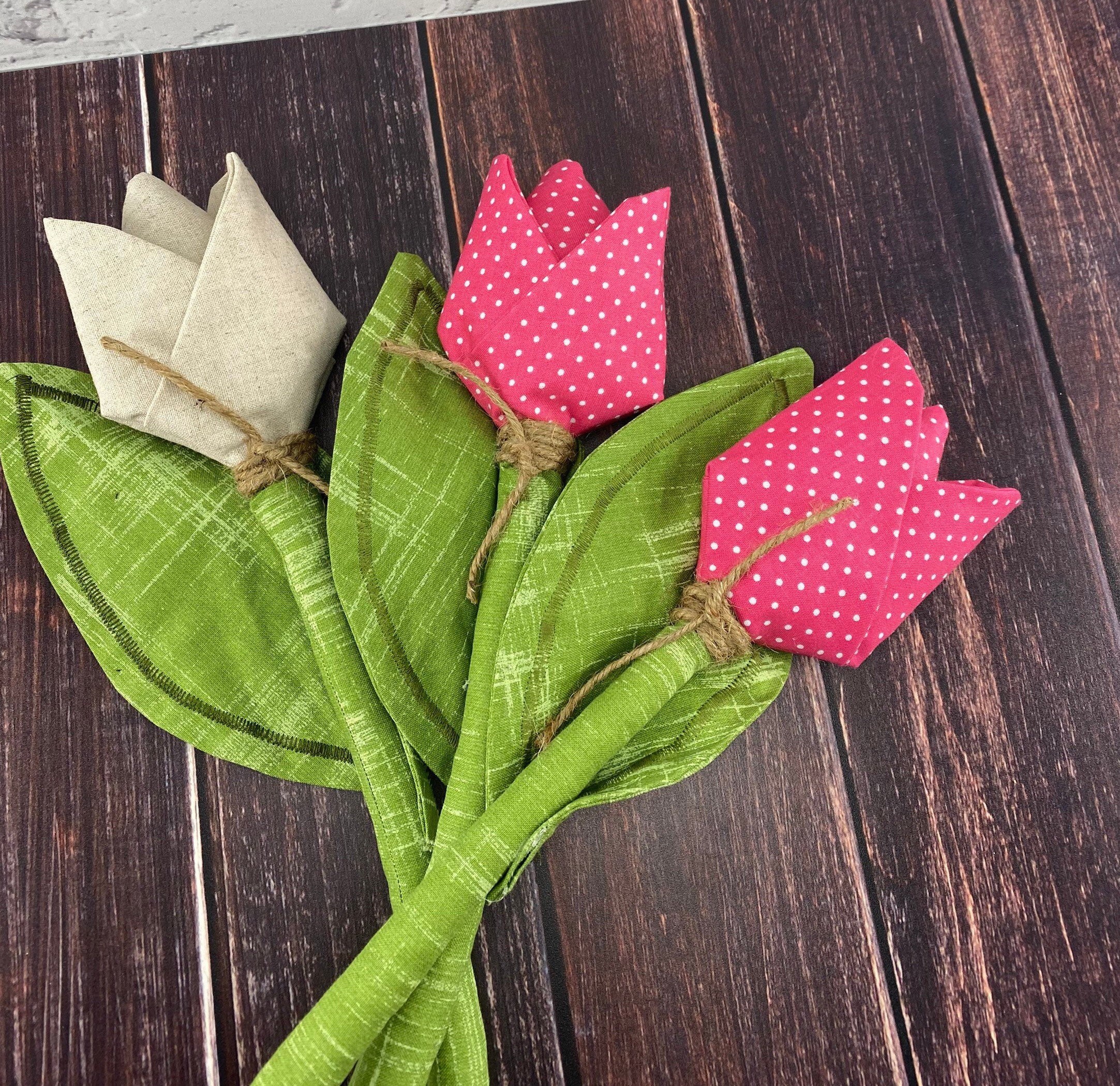 Farmhouse Fabric Tulips / Pink Polka Dot and Linen / Set of 3 - Etsy