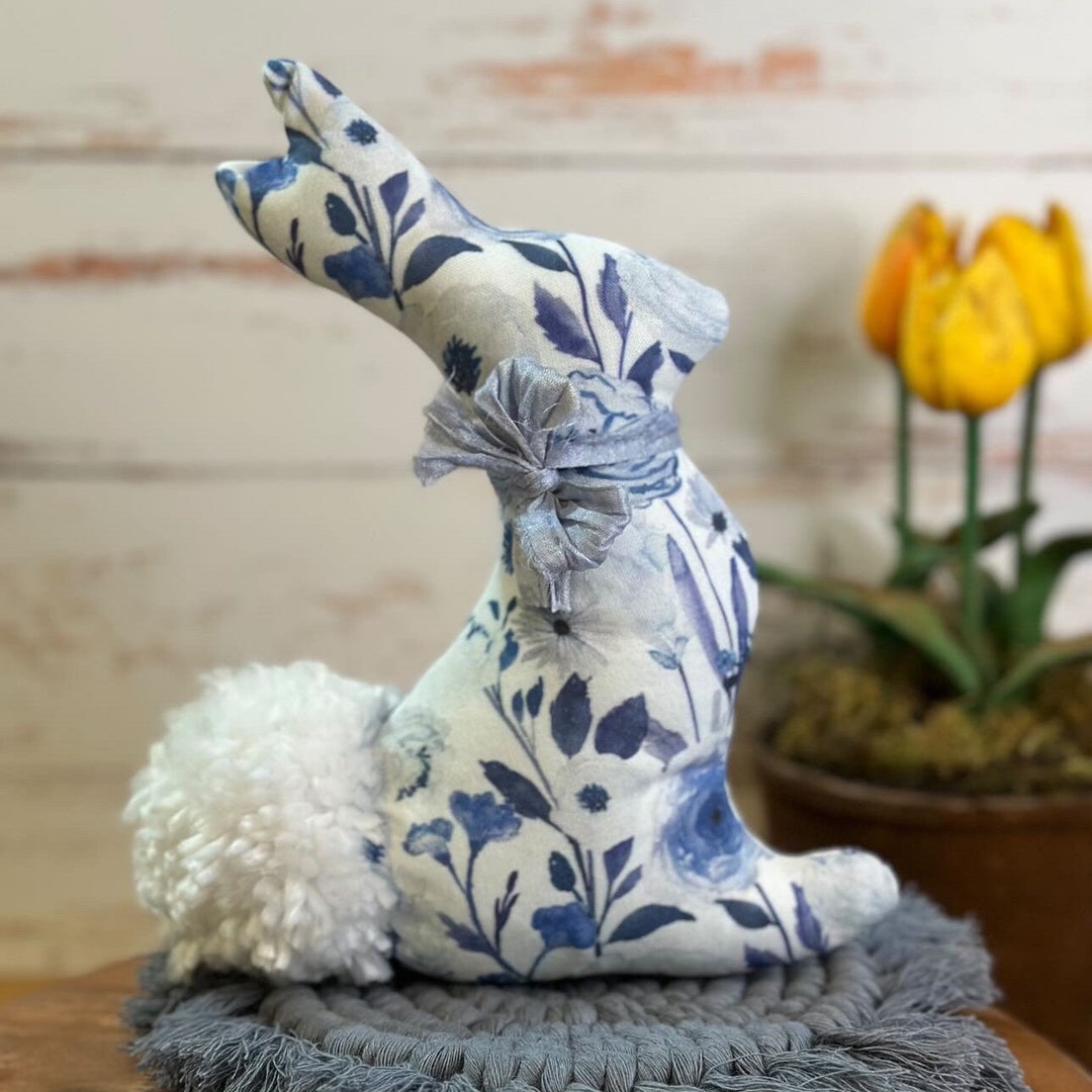 Spring Fabric Bunny, Blue White Floral, Fabric Stuffed Rabbit, Tiered ...