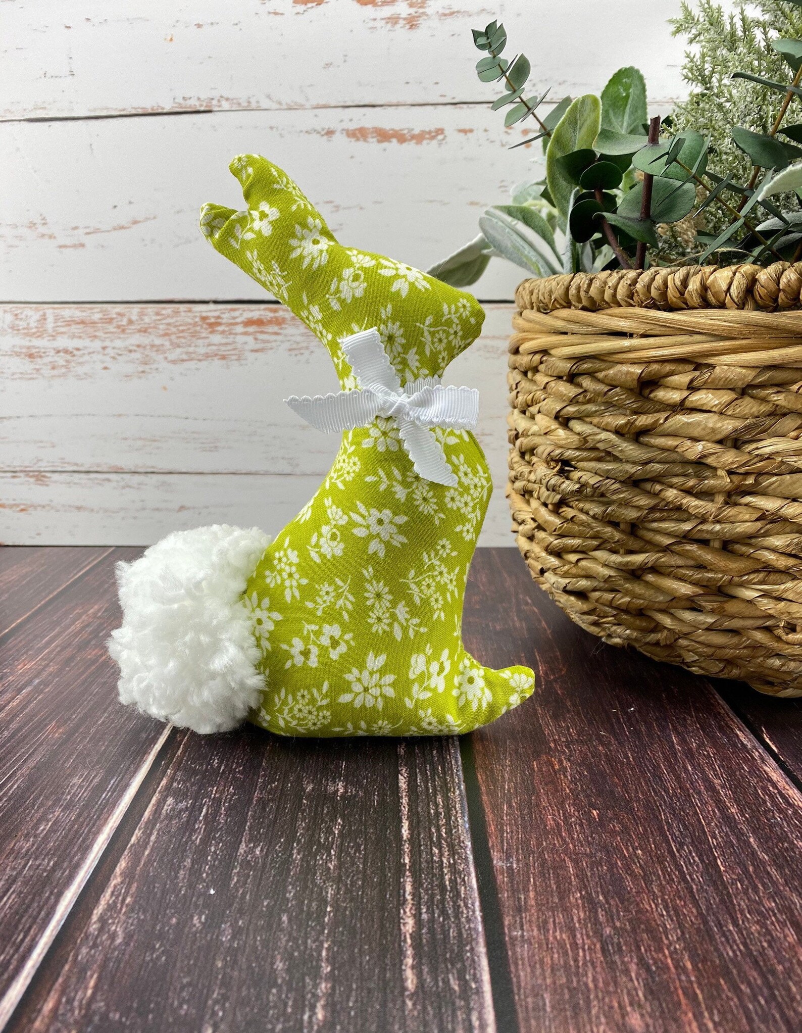 Fabric Stuffed Bunny / Green White Floral Rabbit / Tiered Tray - Etsy
