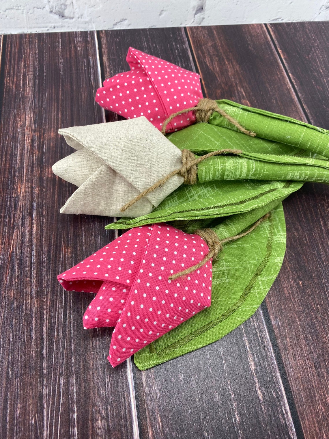 Farmhouse Fabric Tulips / Pink Polka Dot and Linen / Set of 3 | Etsy
