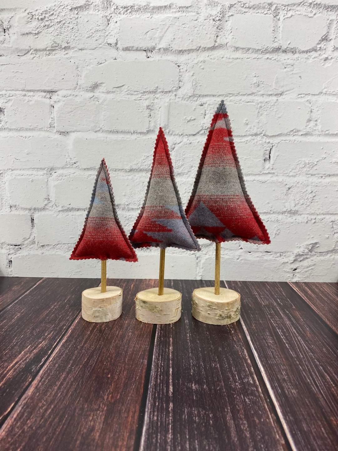 Retro Repurposed Fabric Tree Set, Italian Wool, Rustic Red White Gray ...