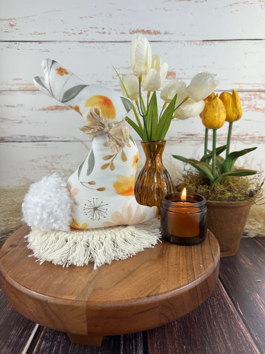 Spring Fabric Bunny, Yellow White Floral, Fabric Stuffed Rabbit, Tiered ...