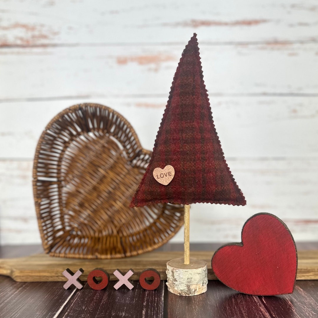 Red Brown Plaid Wool Fabric Tree, Valentines Day, Rustic Home Decor - Etsy