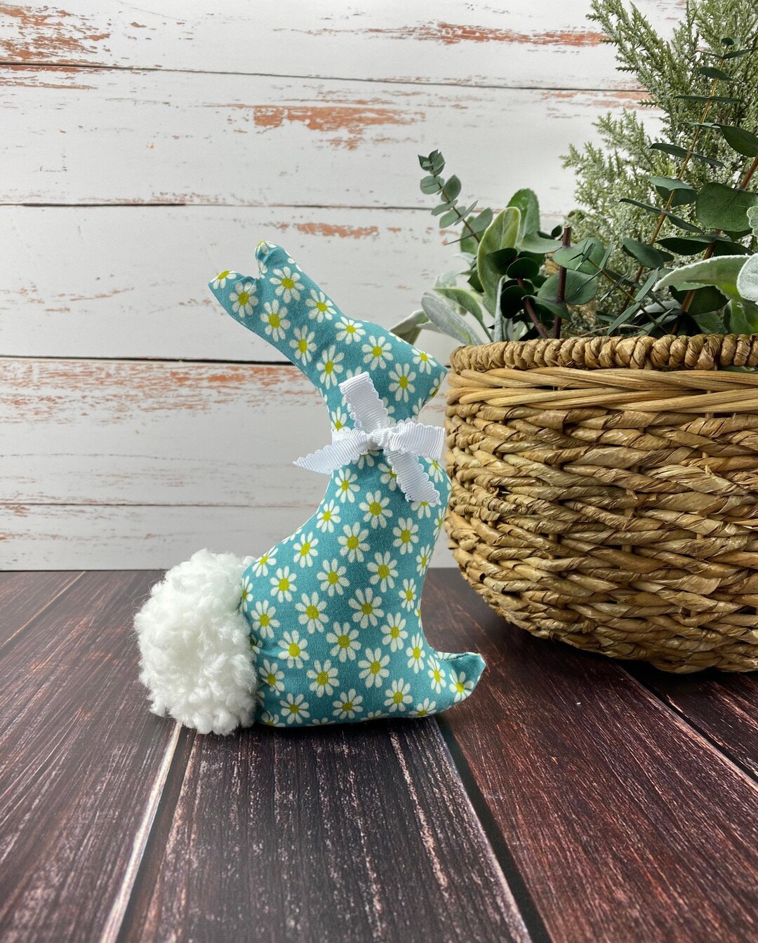 Blue White Daisy Fabric Bunny, Stuffed Easter Rabbit, Tiered Tray Decor ...