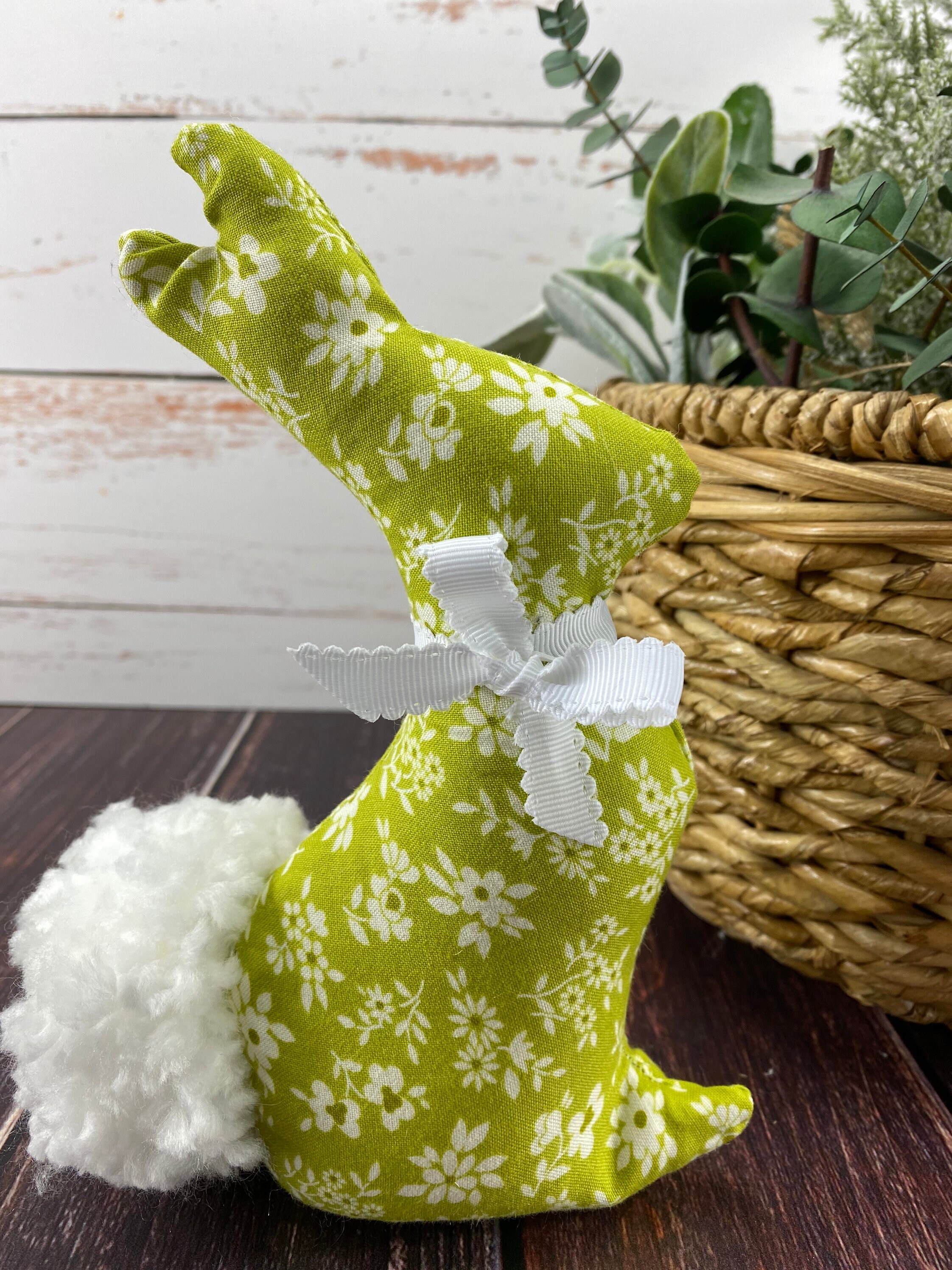 Fabric Stuffed Bunny / Green White Floral Rabbit / Tiered Tray - Etsy