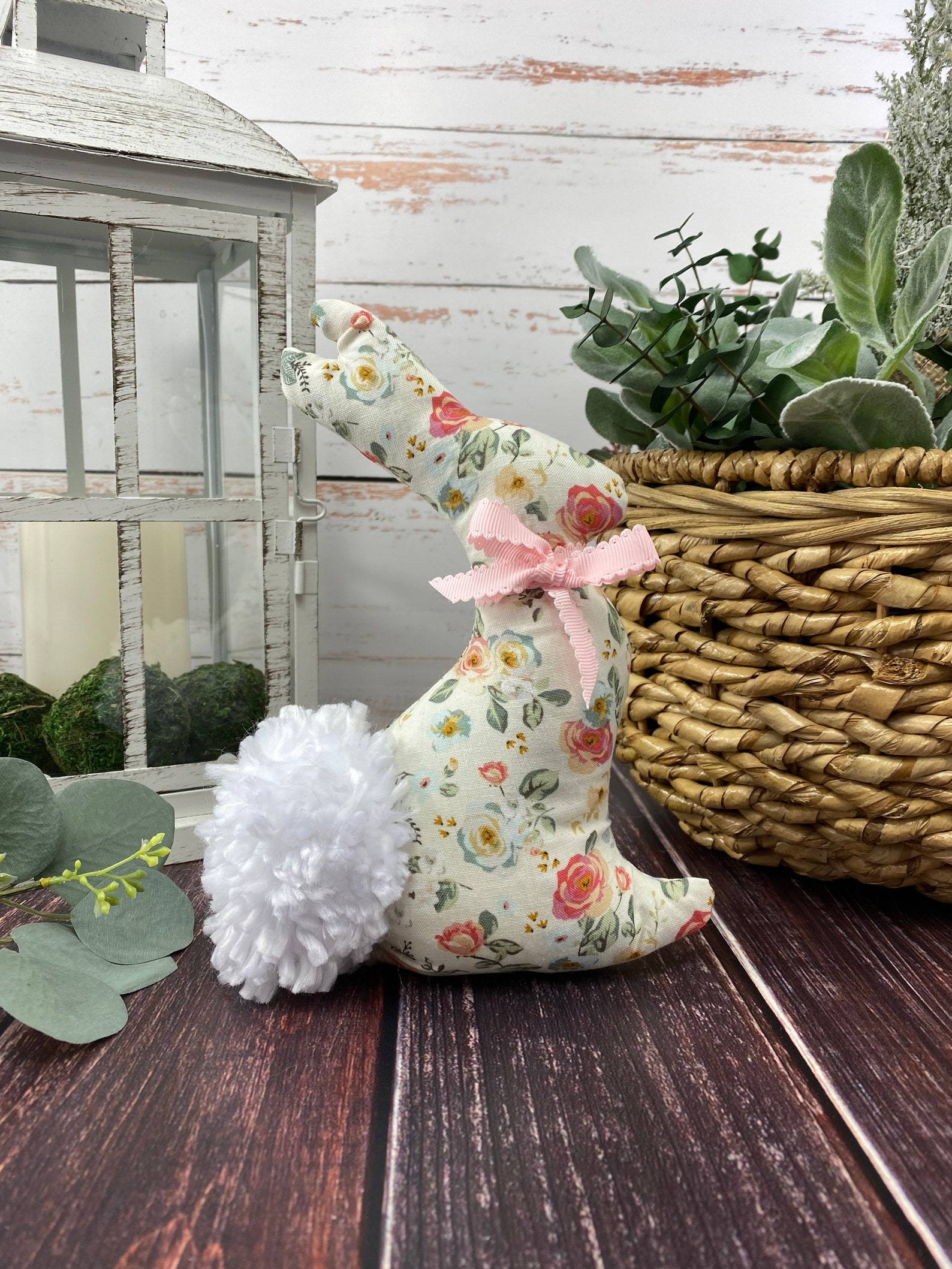 White Pink Blue Floral Bunny / Fabric Stuffed Easter Rabbit / | Etsy