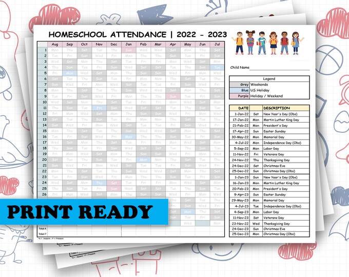 2022-2023 Homeschool Kit - Attendance Recording Log Sheet for Kids ...