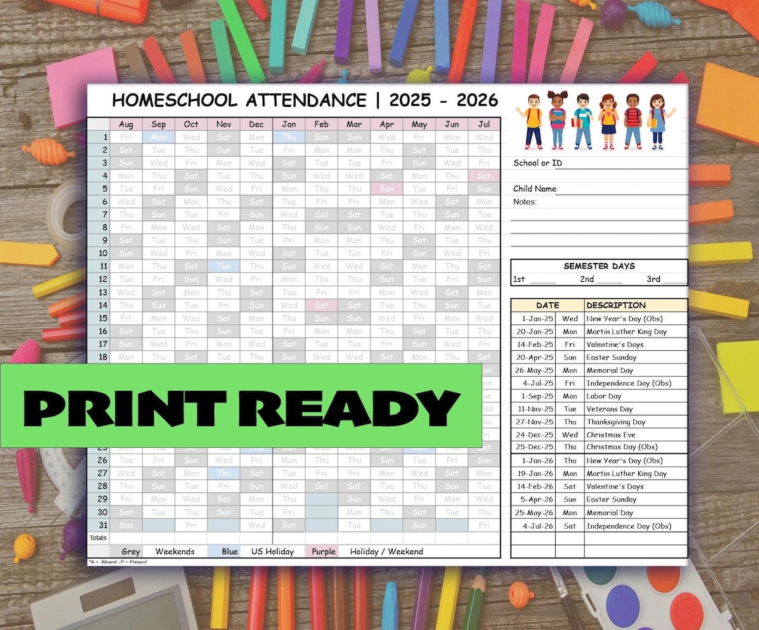 2025-2026 Homeschool Kit - Attendance Recording Log Sheet for Kids ...