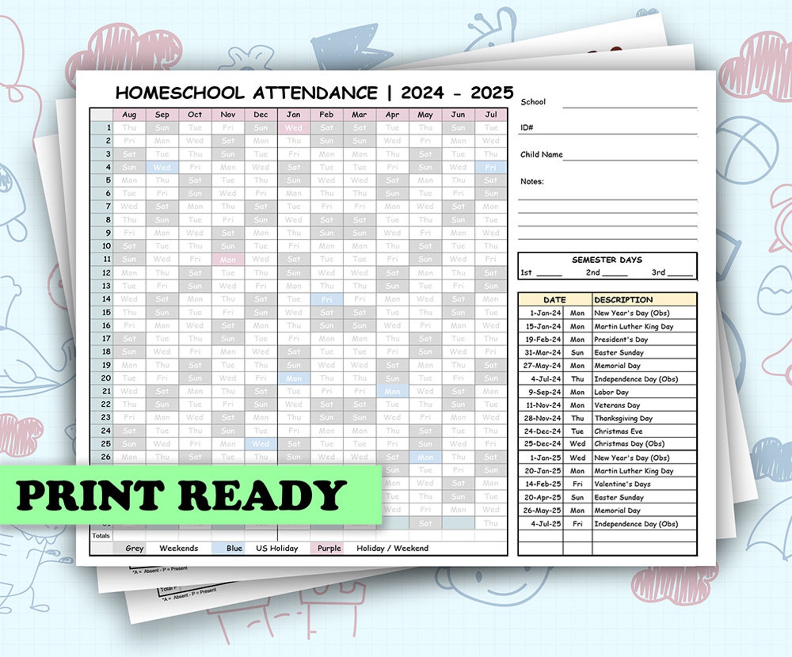 2024-2025 Homeschool Kit - Attendance Recording Log Sheet for Kids ...