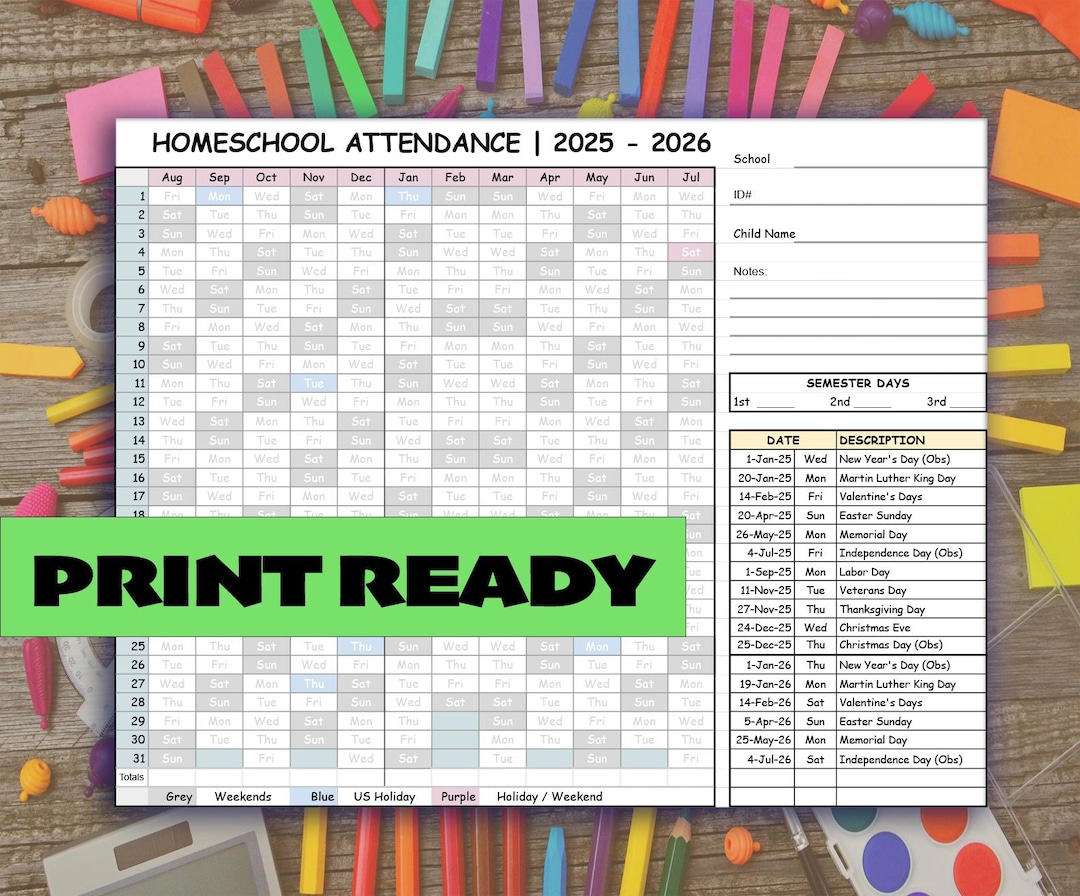 2025-2026 Homeschool Kit - Attendance Recording Log Sheet for Kids ...