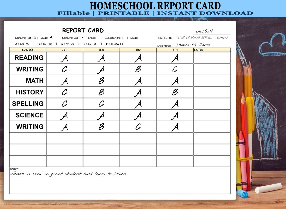 Homeschool Kit - Report Card Template Sheet for Kids Teens Education ...