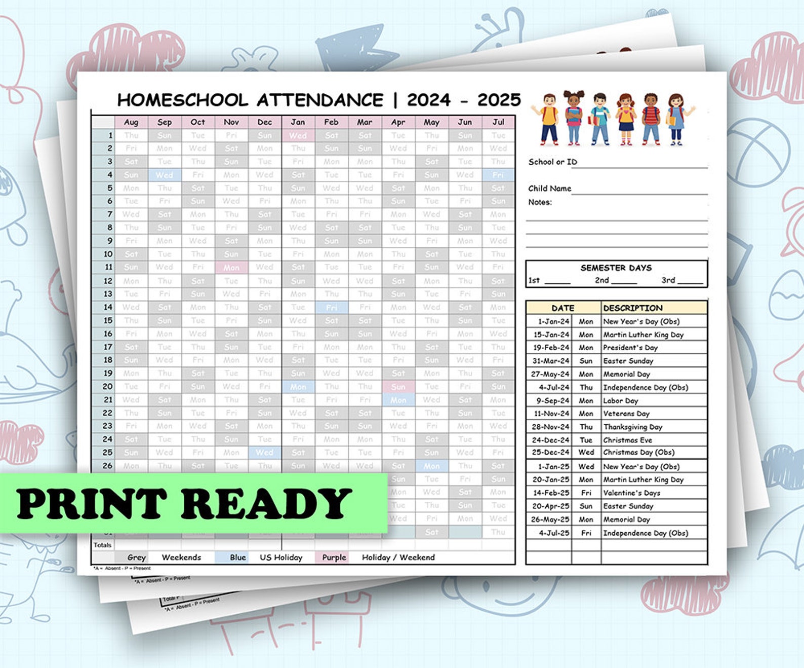 2024-2025 Homeschool Kit - Attendance Recording Log Sheet for Kids ...