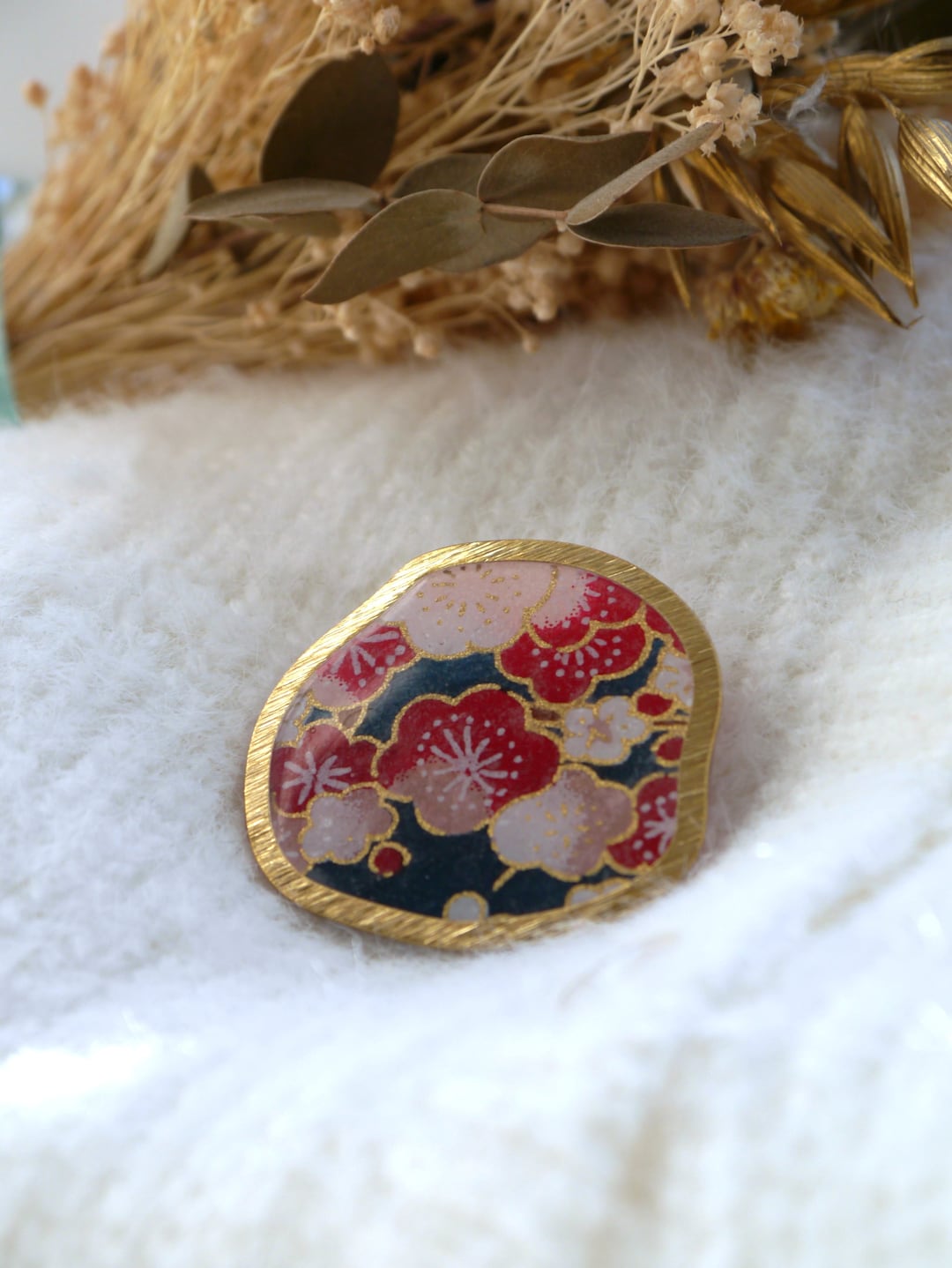 Handmade Japanese Washi Chiyogami Paper Brooch - Flowers, Cranes, Waves ...