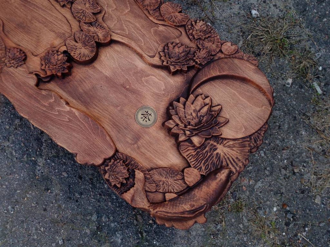 Wooden Tea Table "carps" With the Additional Engraving (moon) - Etsy