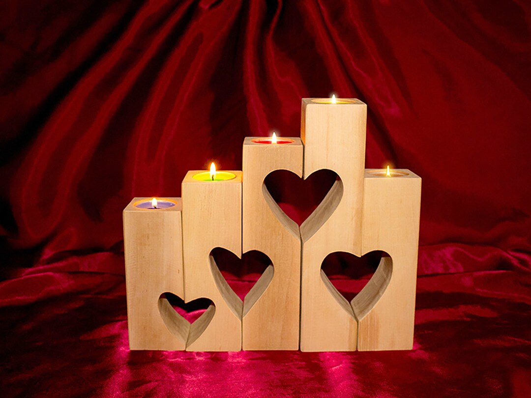 Heart Shaped Wooden Candlestick. Heart Candle Holder Set. Tea Light ...