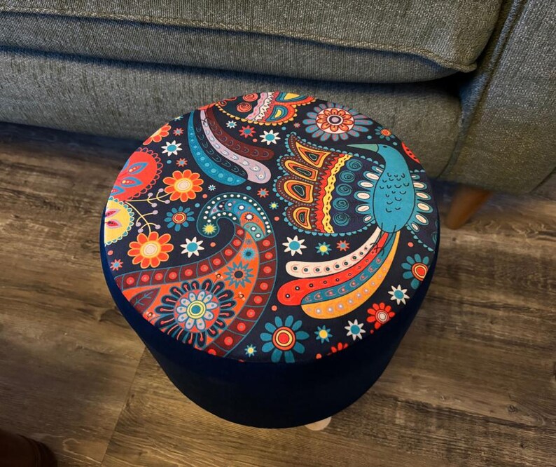Hand Covered Funky Footstool With Bohemian Floral Design and Removeable ...