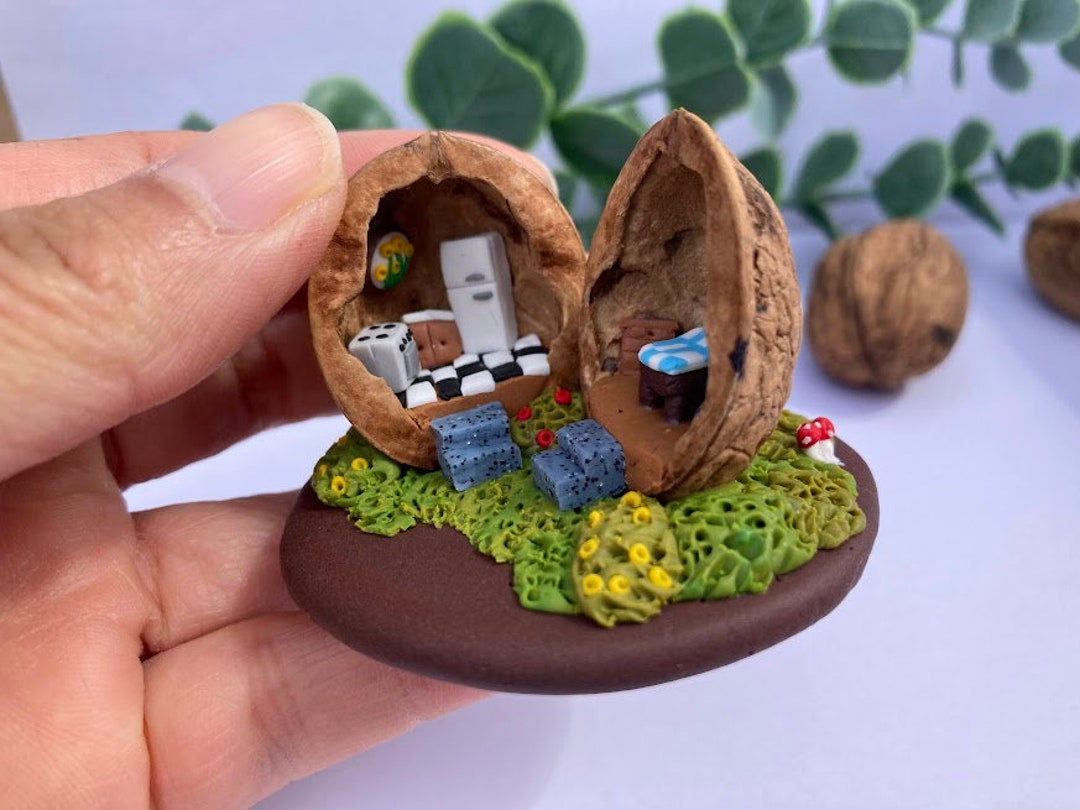 Miniature Walnut House, Polymer Clay Gift, Micro Dolls House, Birthday ...