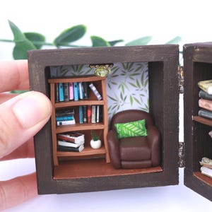 Miniature Library Diorama, Polymer Clay Book Nook Shadowbox, Book Lover ...