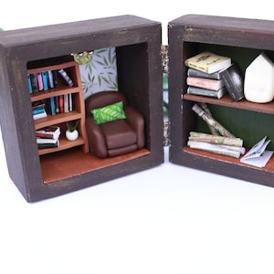 Miniature Library Diorama, Polymer Clay Book Nook Shadowbox, Book Lover ...
