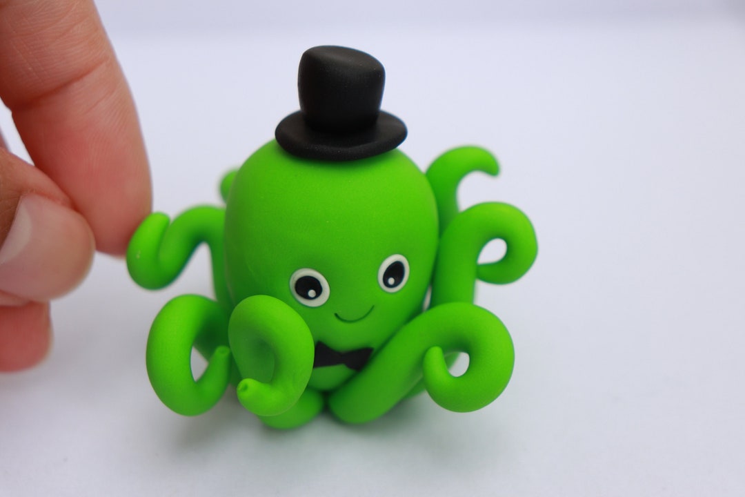 Octopus Cake Topper, Polymer Clay Octopus, Top Hat and Bow Tie, Green ...