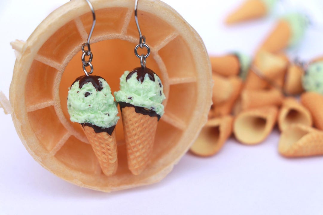 Strawberry Ice Cream Earrings, Mint Chock Lovers, Polymer Clay ...
