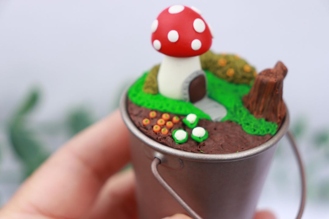 Miniature Toadstool Cottage: Polymer Clay Fairy House in Steel Bucket ...