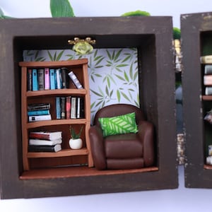 Miniature Library Diorama, Polymer Clay Book Nook Shadowbox, Book Lover ...