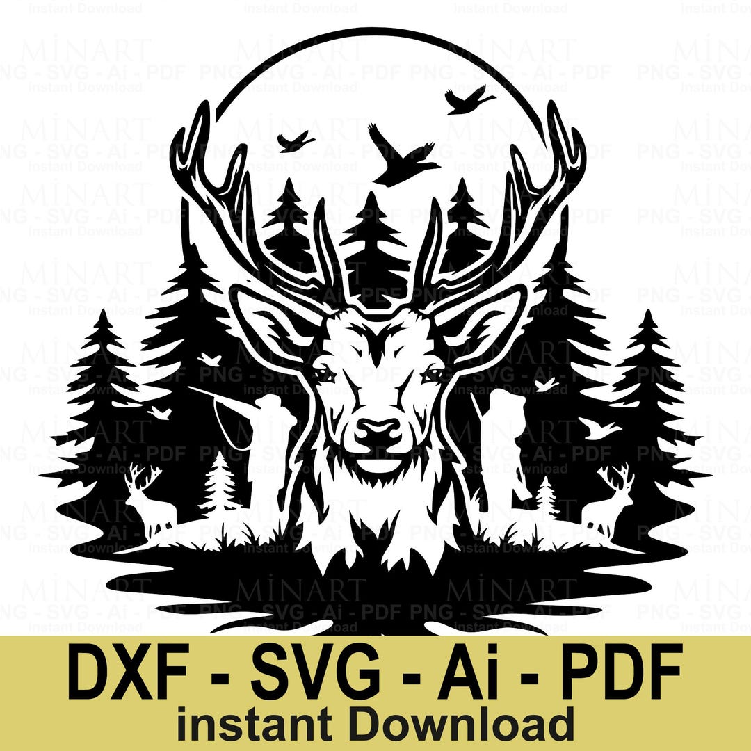 Deer Hunting Scene Svg Dxf Png Pdf, Forest Wildlife Hunter Silhouette ...