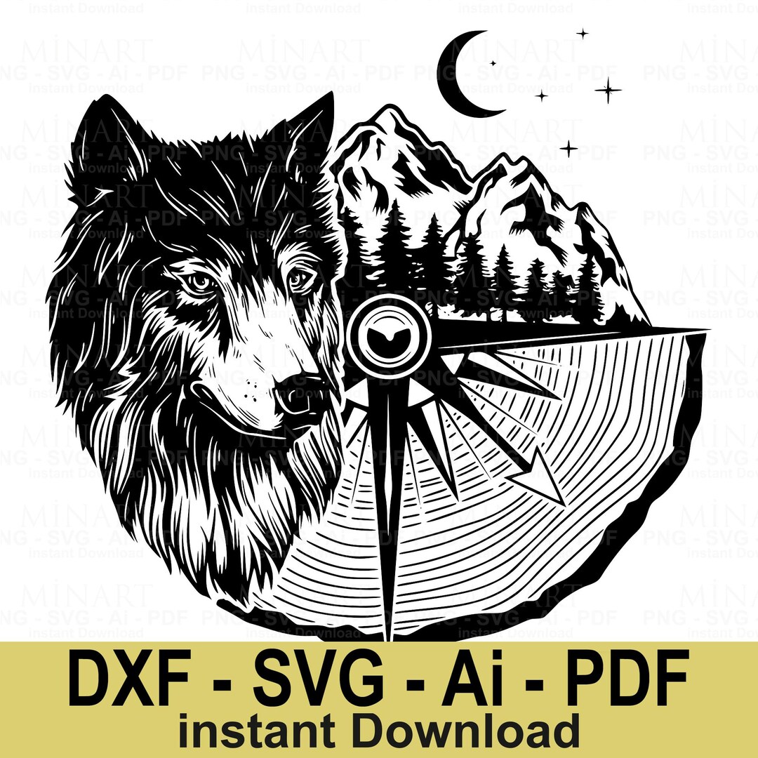 Wolf Compass Mountain Svg Dxf Ai Png Nature Adventure Forest Moon Wood ...