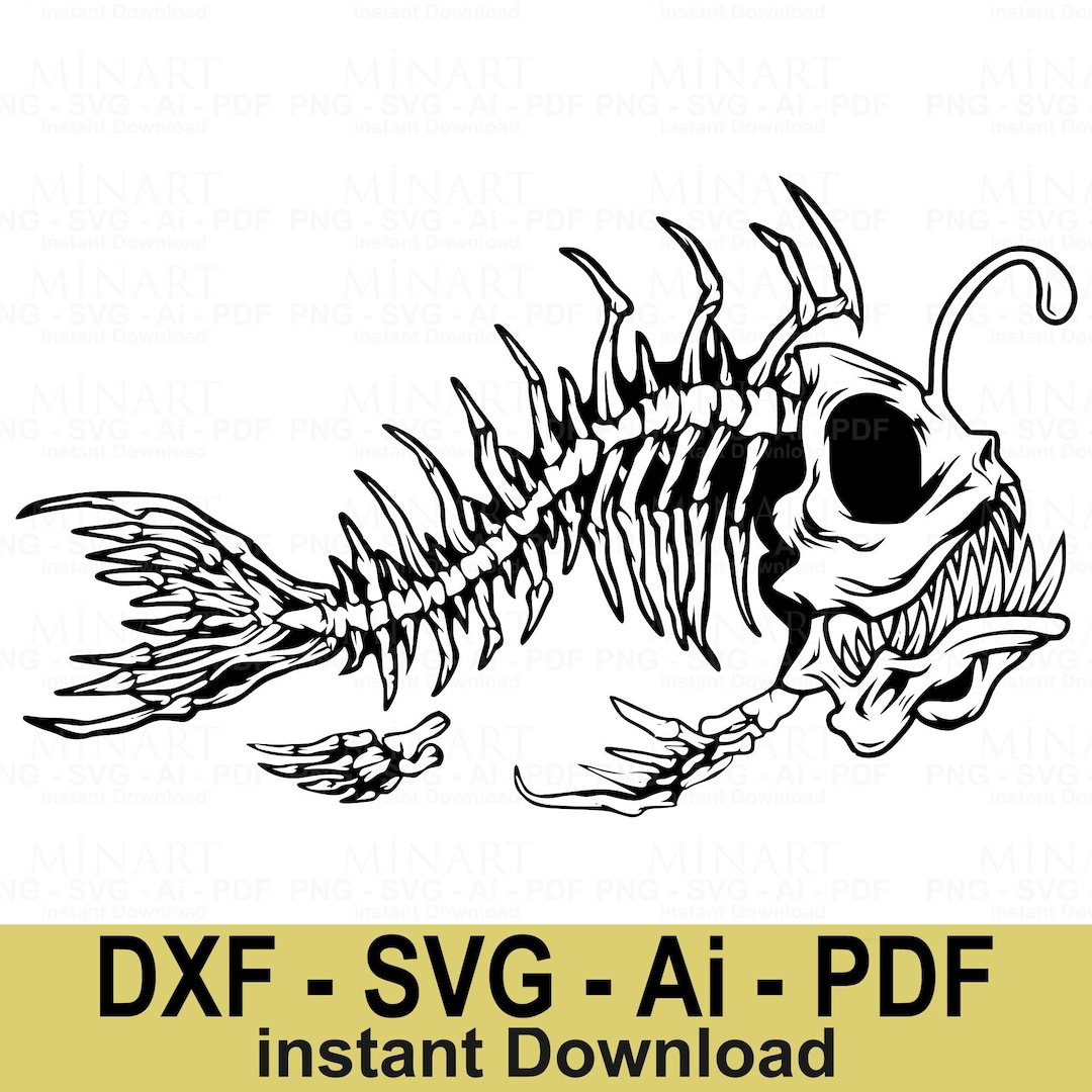 Angler Fish Skeleton Svg Dxf Png Pdf Digital File - Creepy Fish Bone ...