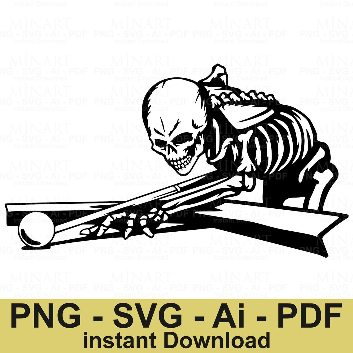 Skeleton Playing Pool SVG, Billiards Skull Vector Clipart (digital File ...
