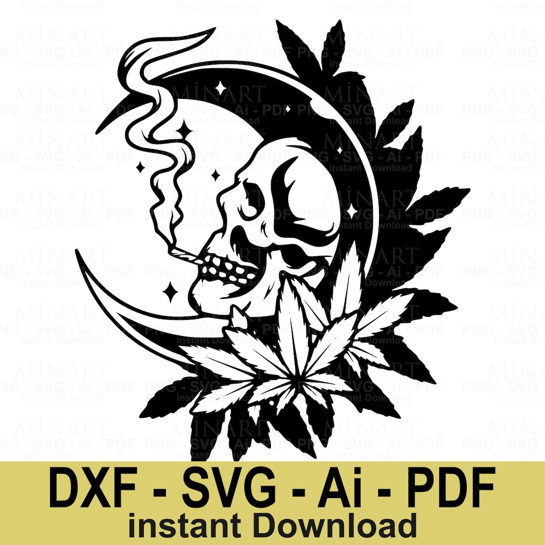 Smoking Skull Moon Cannabis Leaf Svg Weed Marijuana Celestial Skeleton ...