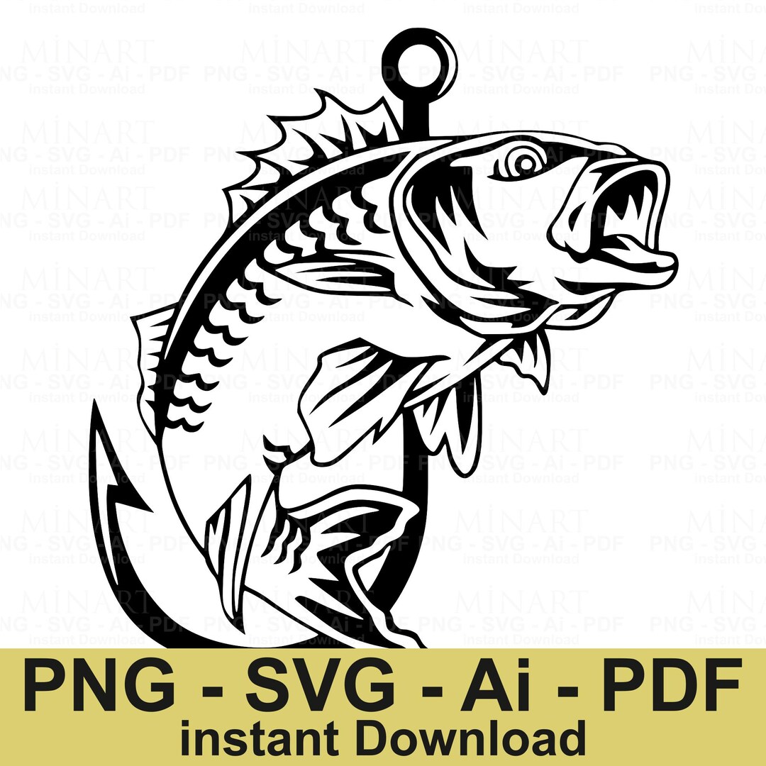 Bass Fish Svg Fishing Hook Digital Download, Fisherman Clipart, Outdoor ...