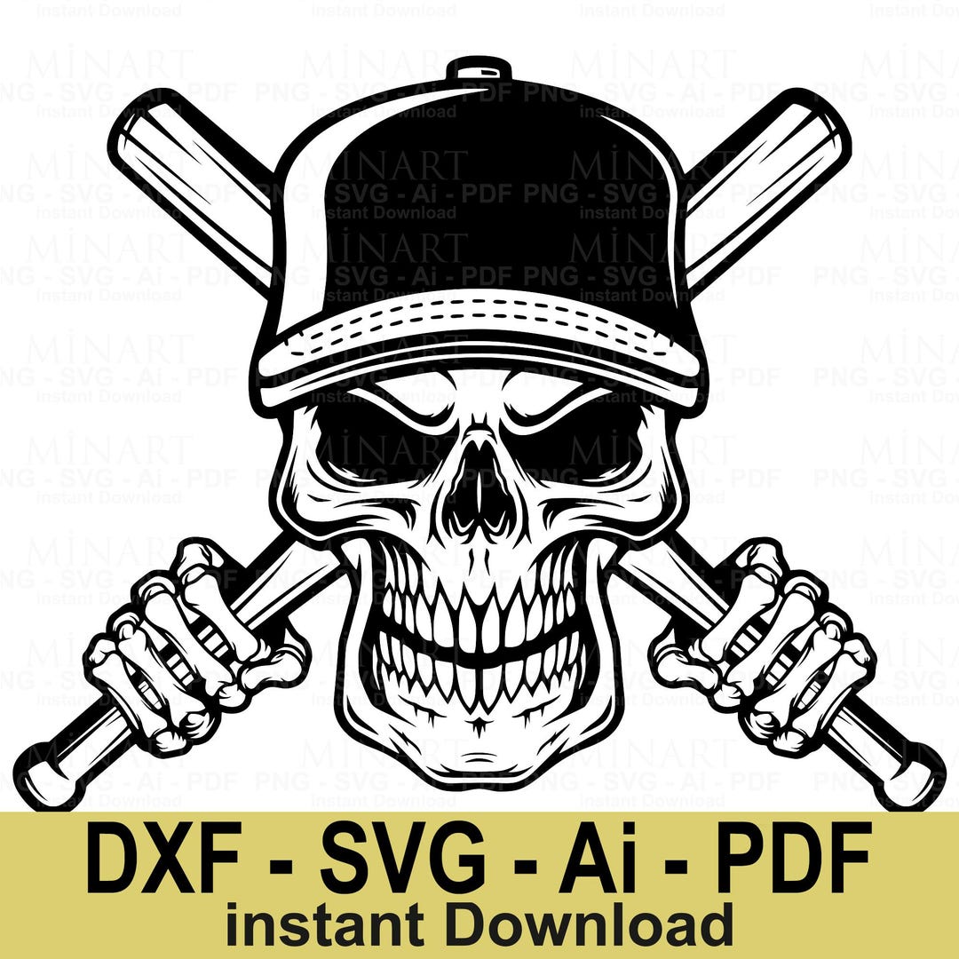 Skull Baseball Svg File, Crossed Bats Skull Design, Sports Skeleton ...
