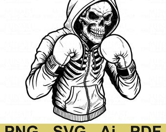 Skeleton Boxer SVG PNG Pdf Ai Clipart | Hooded Skull Fighter With Red ...
