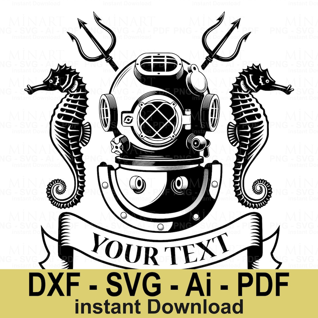Vintage Diving Helmet Svg, Nautical Seahorse Clipart, Customizable Deep ...