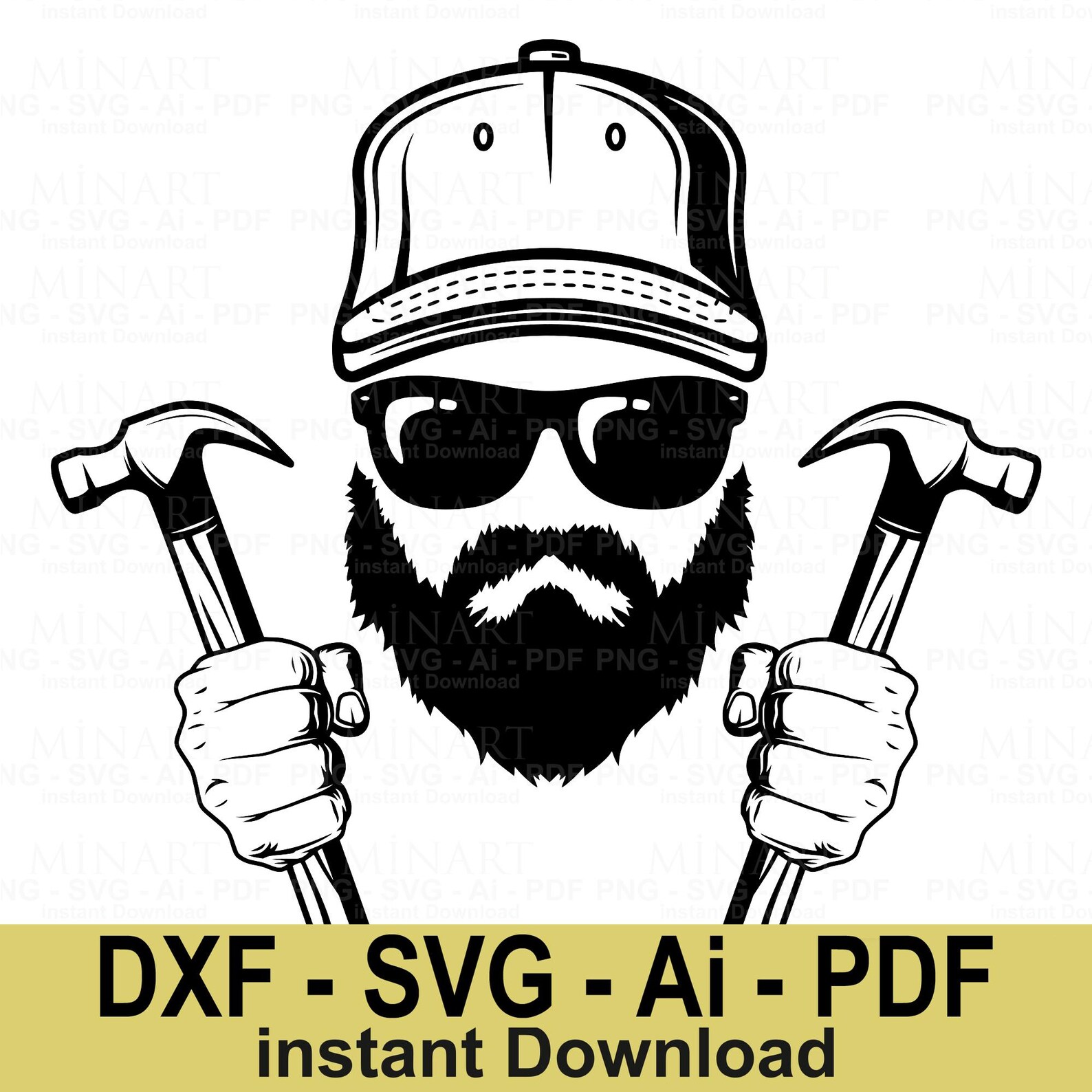 Bearded Man Carpenter Svg Dxf Png Pdf, Hammer and Beard Design ...