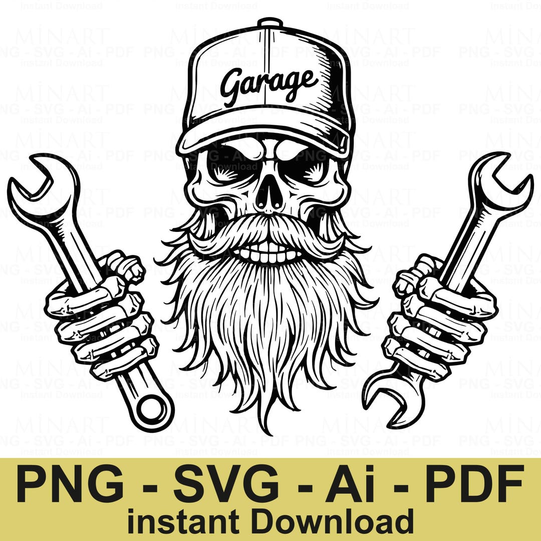Skull Mechanic Svg Png, Bearded Skull Wrench Clipart, Tools Repair SVG ...