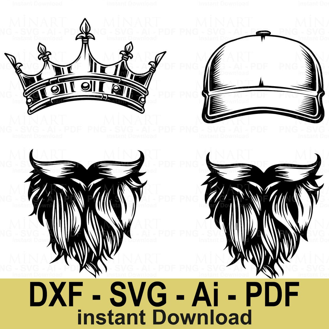 Beard Svg Bundle With Crown and Hat Svg, Men's Beard Clipart, Father's ...
