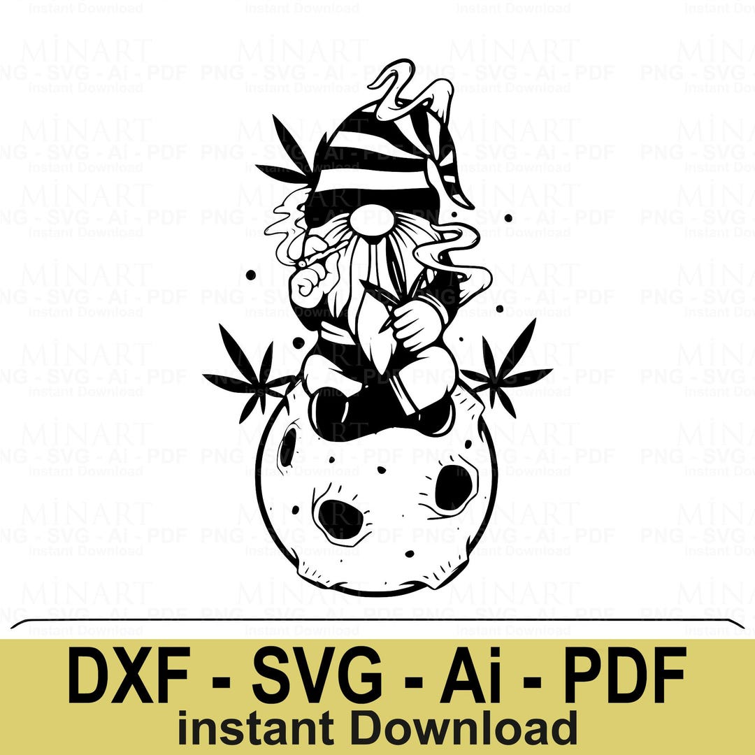 Weed Gnome Svg, Cannabis Smoking Gnome Sitting on Moon Digital Design ...
