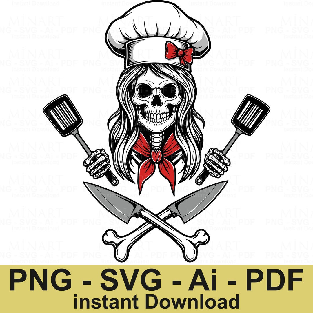 Skull Chef SVG PNG PDF Ai Clipart | Skeleton Woman Cook With Spatulas ...