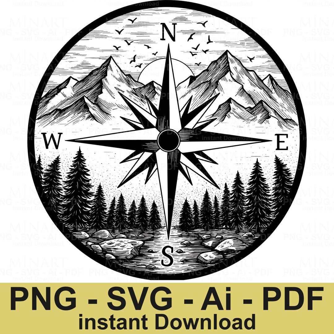 Adventure Nature SVG, Compass Rose Mountain Landscape PNG, Vintage Svg ...