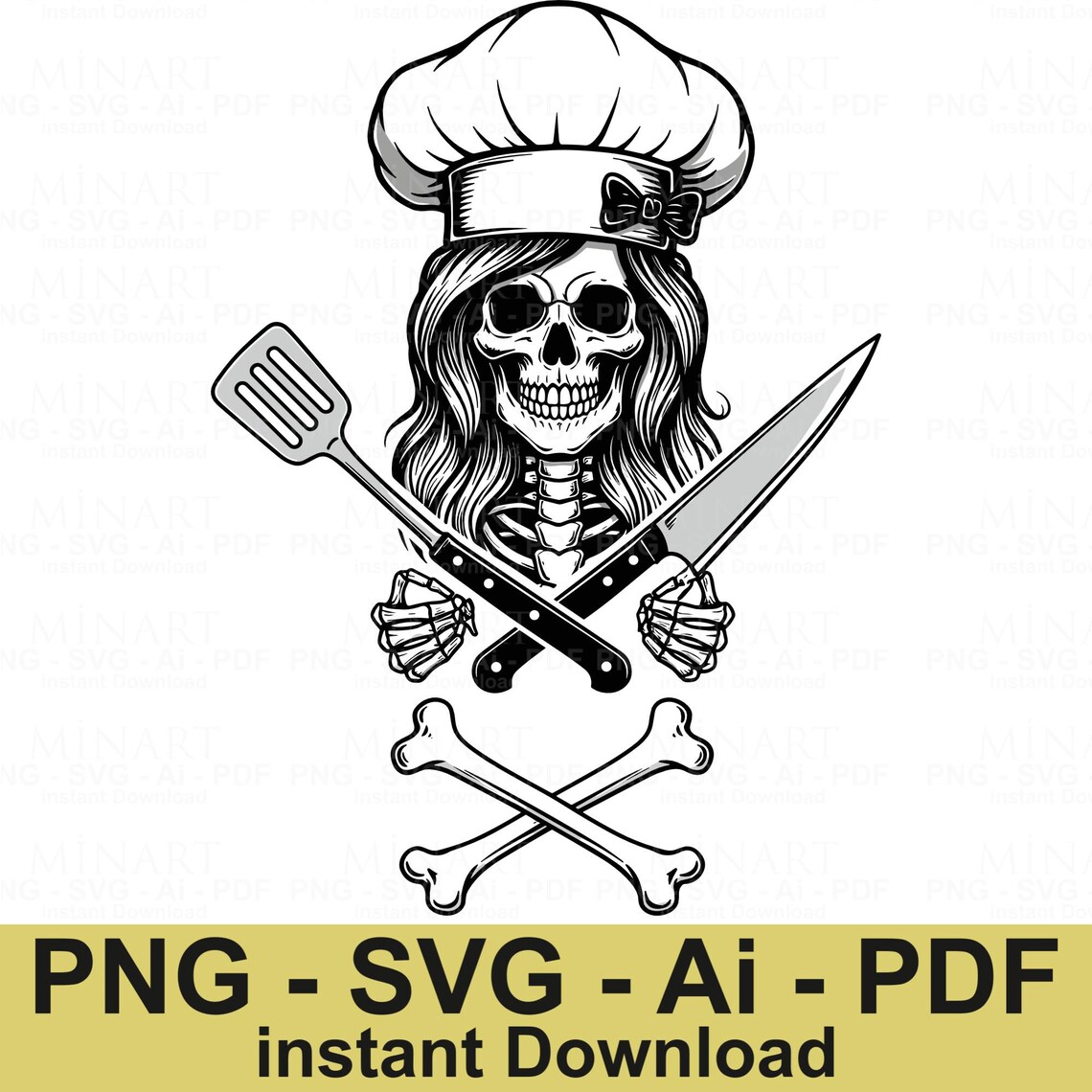 Skull Chef Vector Art | Skeleton Woman Cook SVG, PNG, PDF, Ai (digital ...